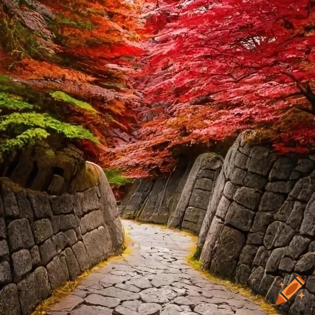 Serene stone japanese castle pathway with tall walls, surrounded by ...