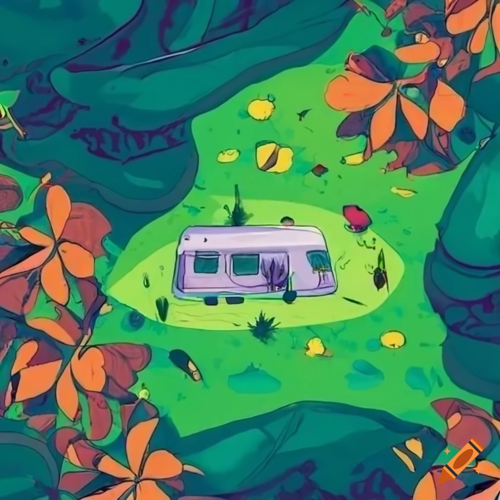 Top view of a camping spot in the woods with tent and caravan