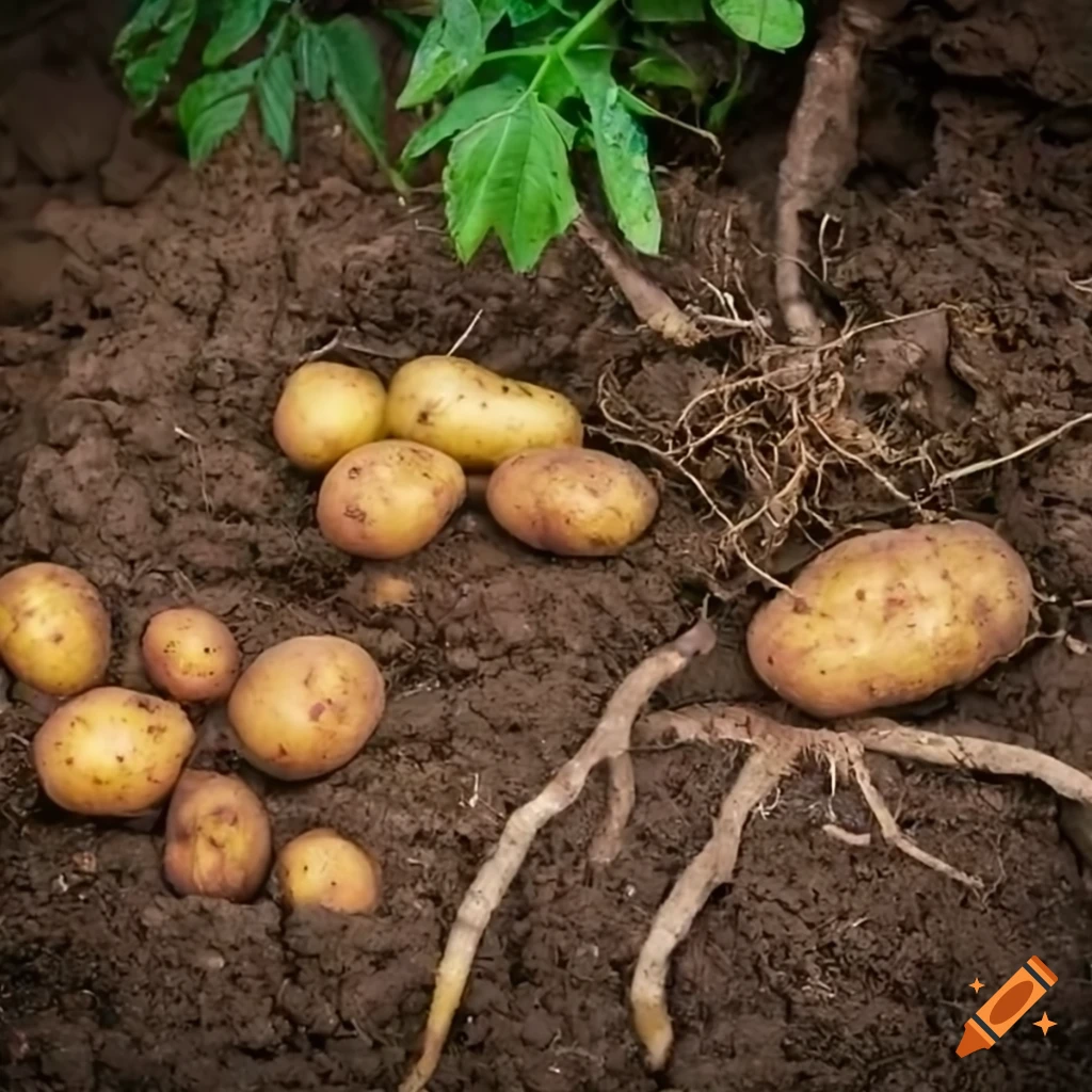 Potatoes and tubers with roots as a cross section in the ground