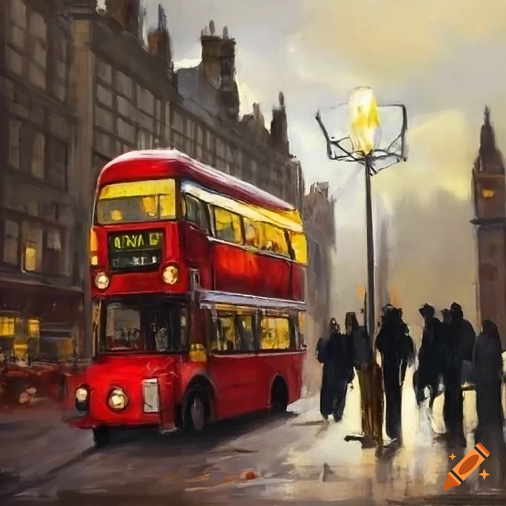Painting of people wainting for london buses on a busy london street in ...