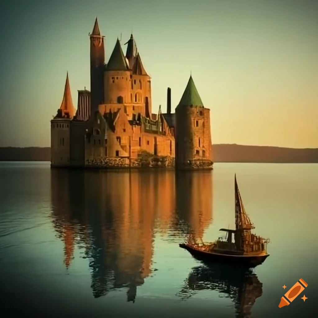A castle by the lake with a big ships and towers on Craiyon