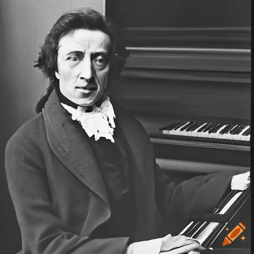 Portrait of Frédéric Chopin smiling in front of piano on Craiyon