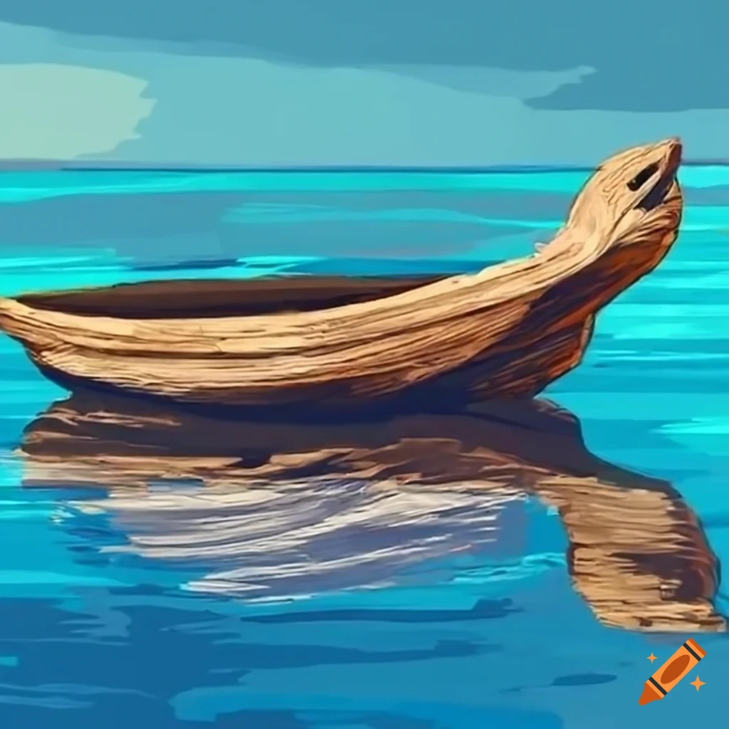 A wooden turtle shaped boat on the blue sea