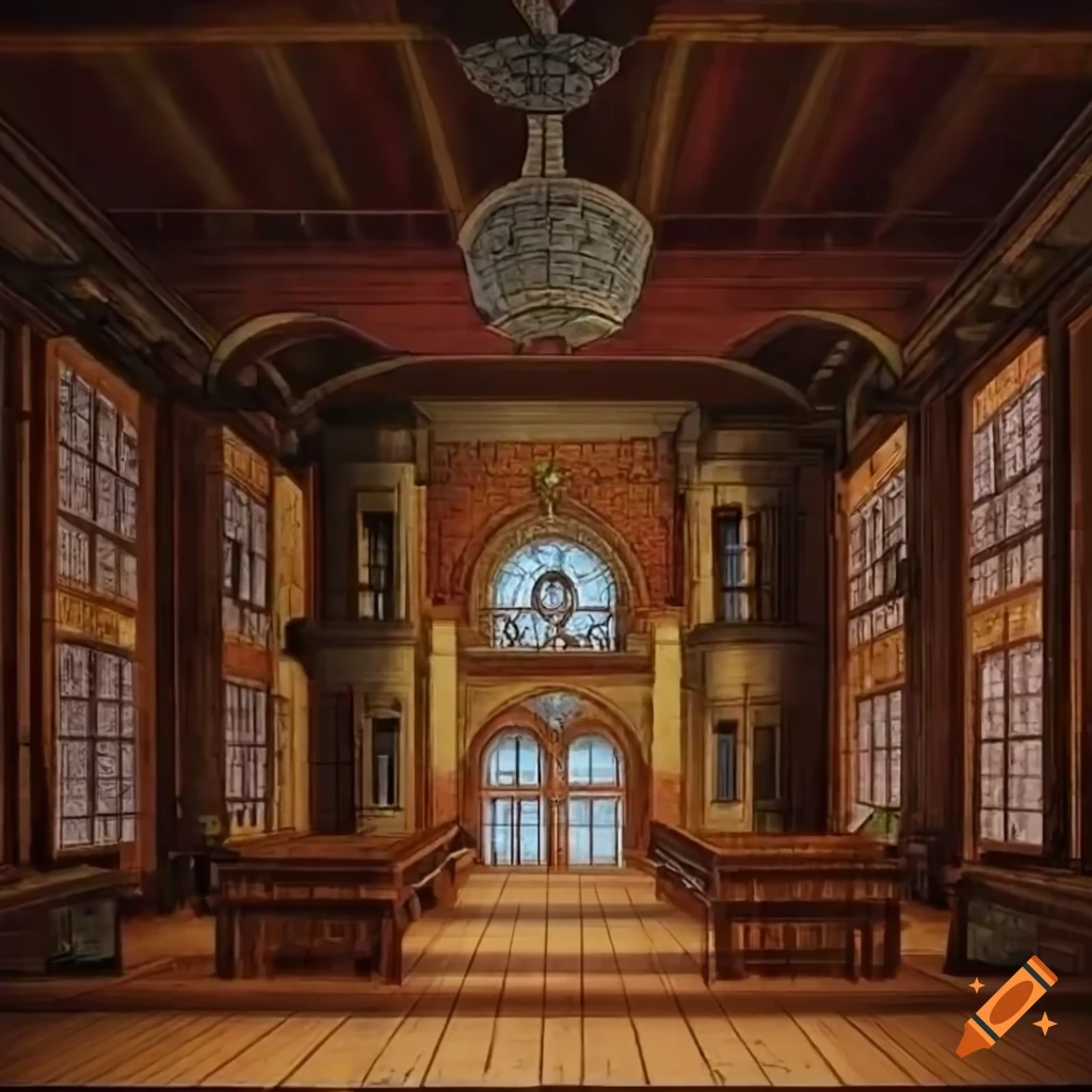 The interior of a one story, vintage town hall with two-point ...