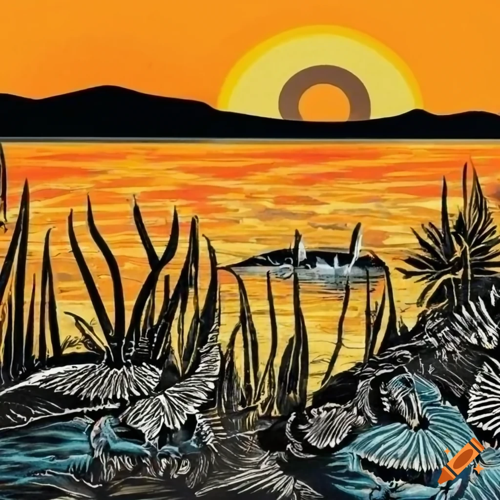 Detailed woodcut of a serene sunset pond with wildlife on Craiyon