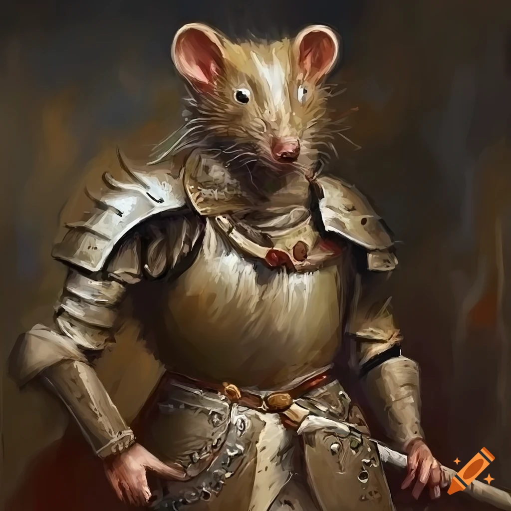 Oil painting of a humanoid rat in warrior armor