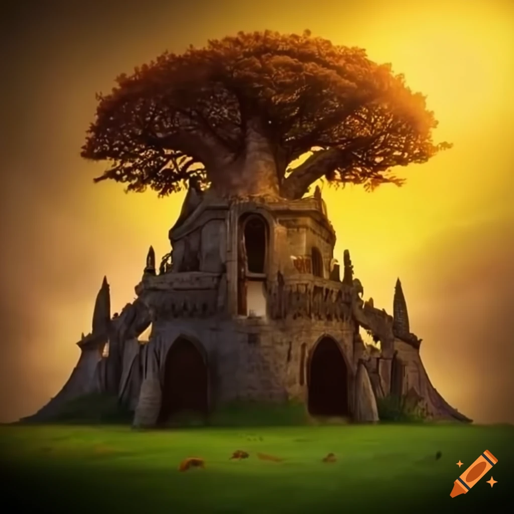 Fantasy castle in a large tree with a village to the south on Craiyon