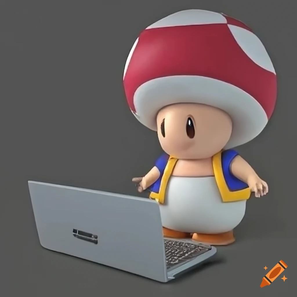 Toad from super mario world using a laptop computer on Craiyon