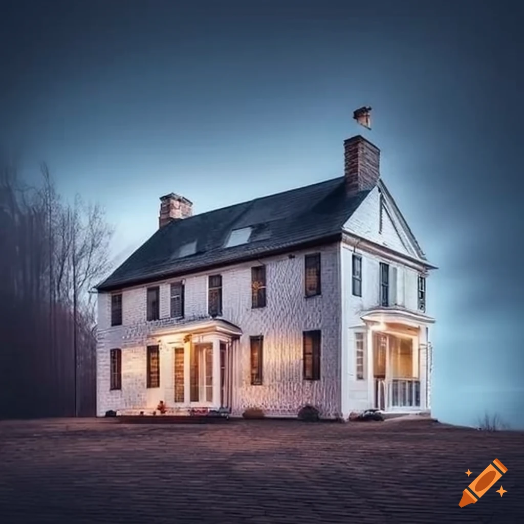 White brick house with slate roof and four wings on Craiyon