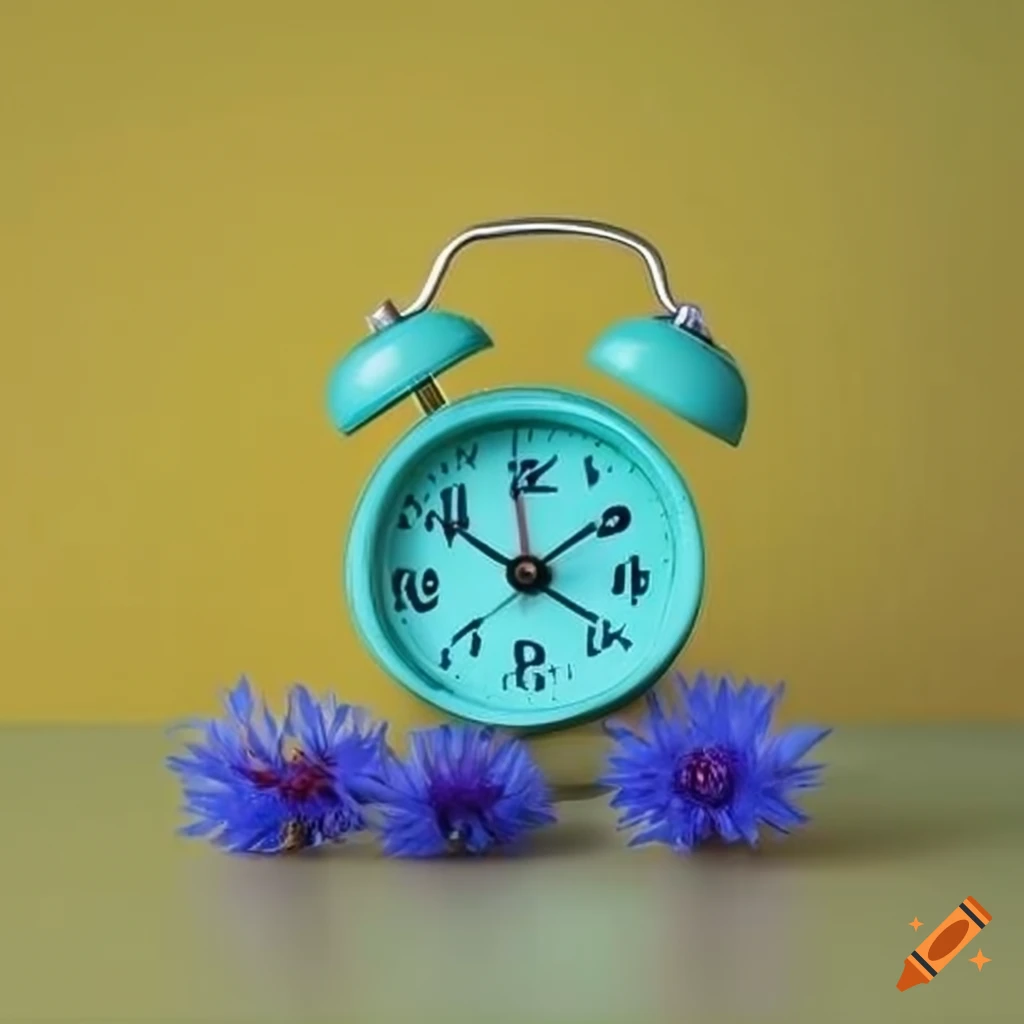 Cyan alarm clock next to cornflower in flowerpot, yellow background