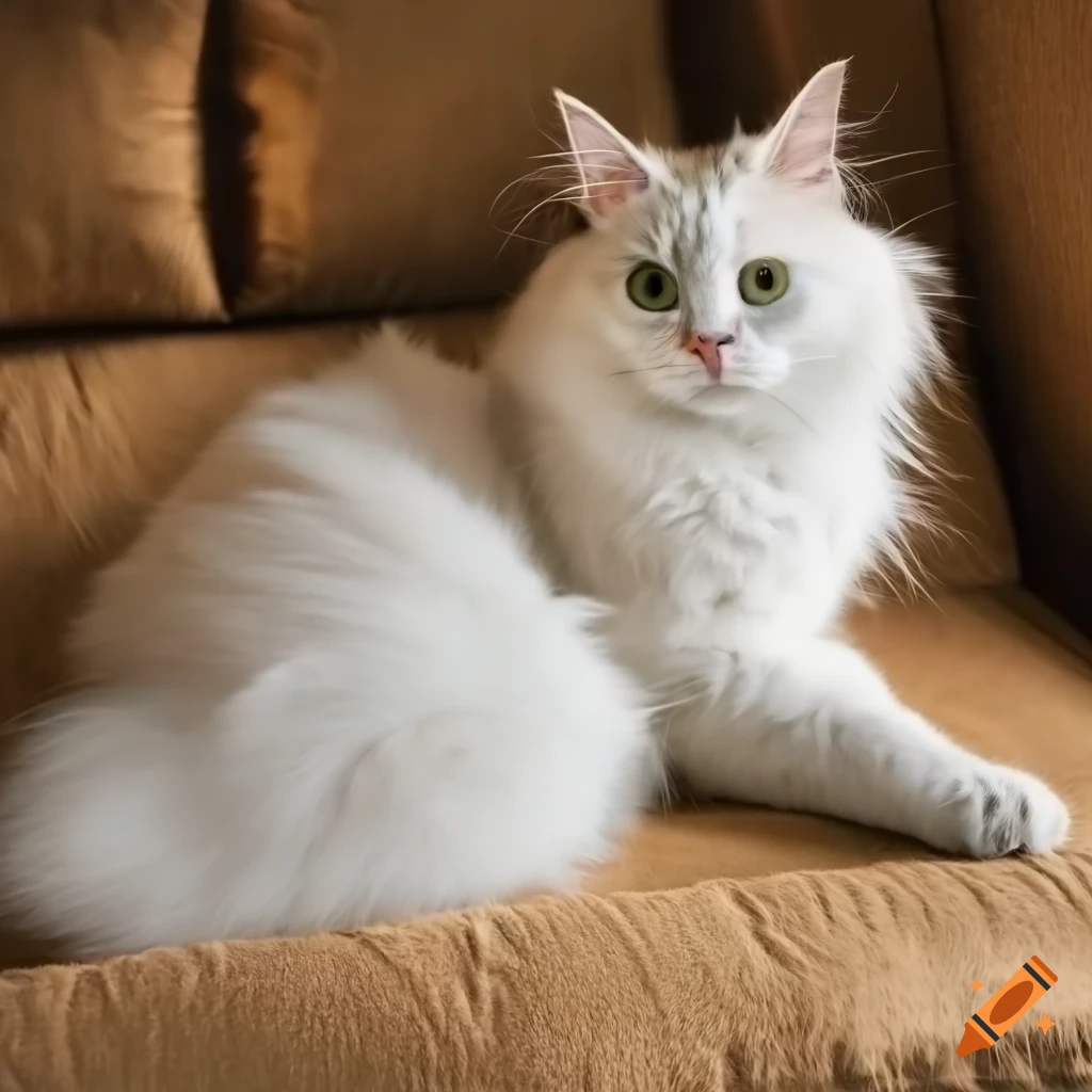 Small turkish angora cat on a couch with green pillows, 8k, golden hour ...