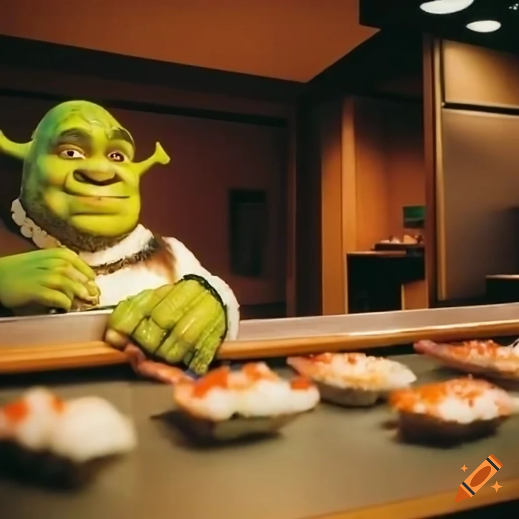 Shrek at a kaiten sushi restaurant in japan, staring at the sushi ...
