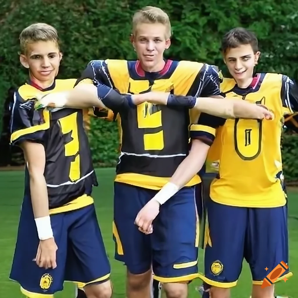 3 football players together talking one with longer hair and being tall ...