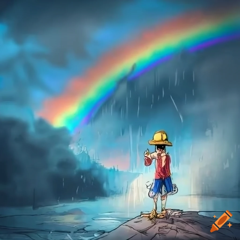 Luffy standing in the rain on a rainy and sunny day with rainbows in ...