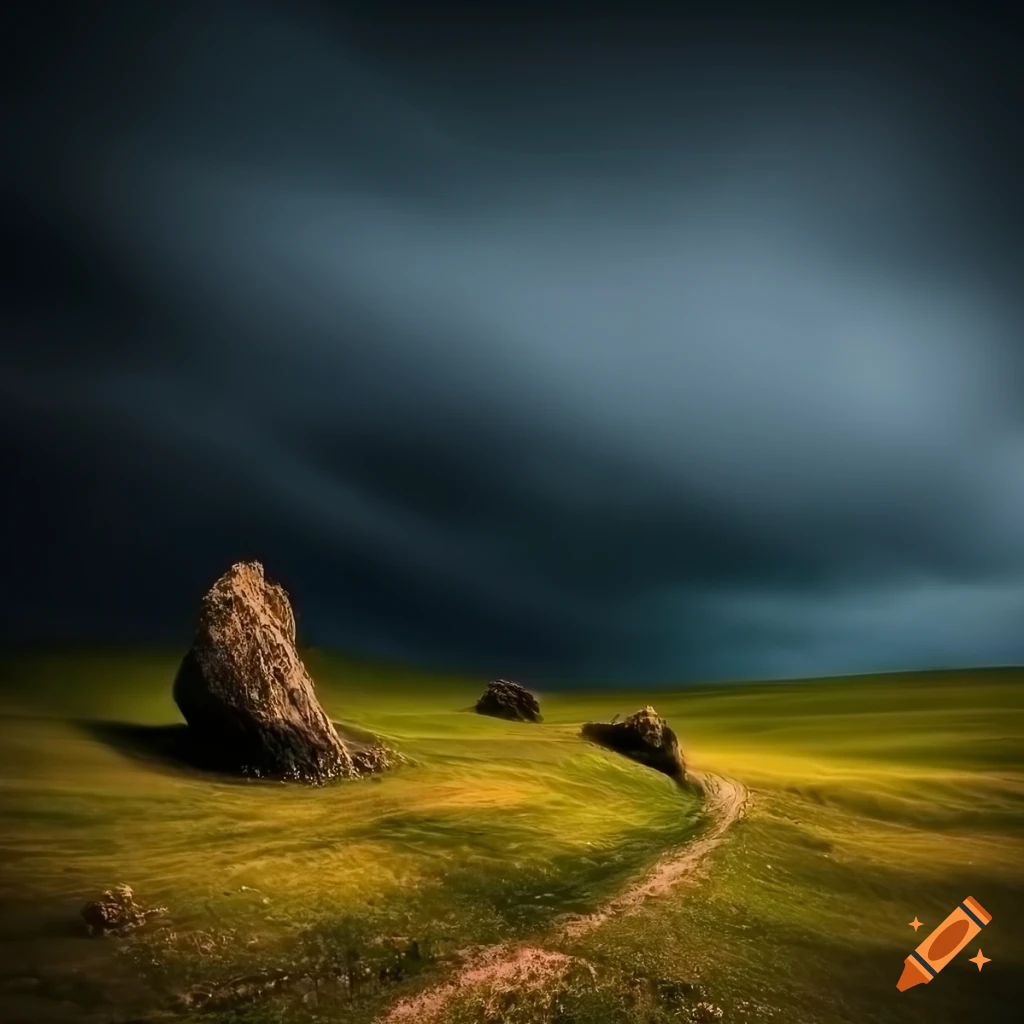 Dark natural colours landscape of distant fields slightly hilly terrain ...