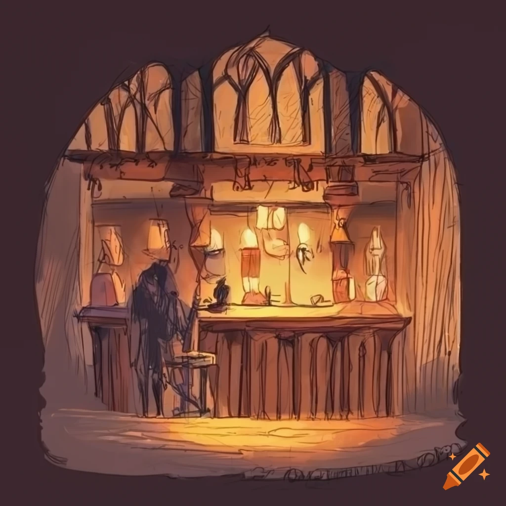 A sketch of a medieval bar with a lot of people