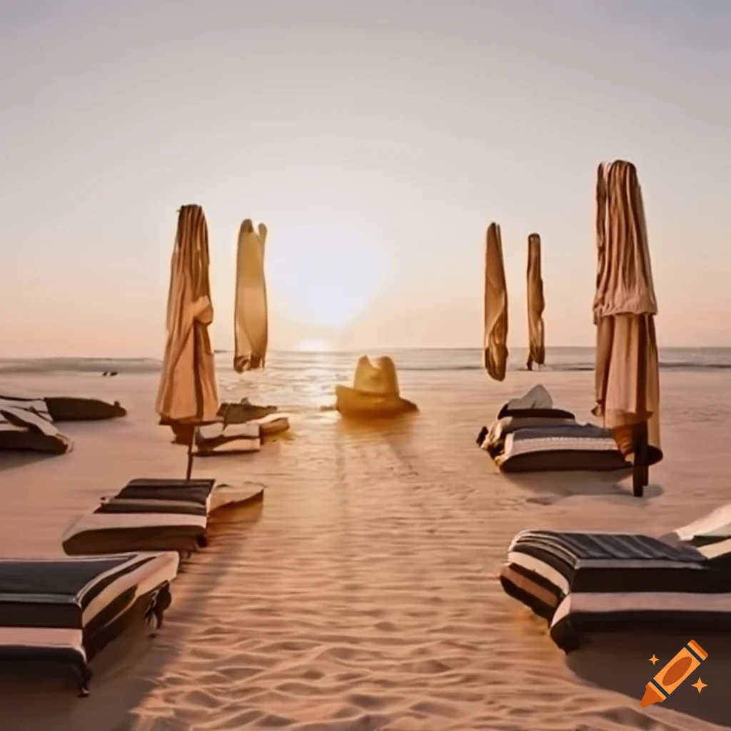 Luxury beach club with sunbeds on dunes at sunset