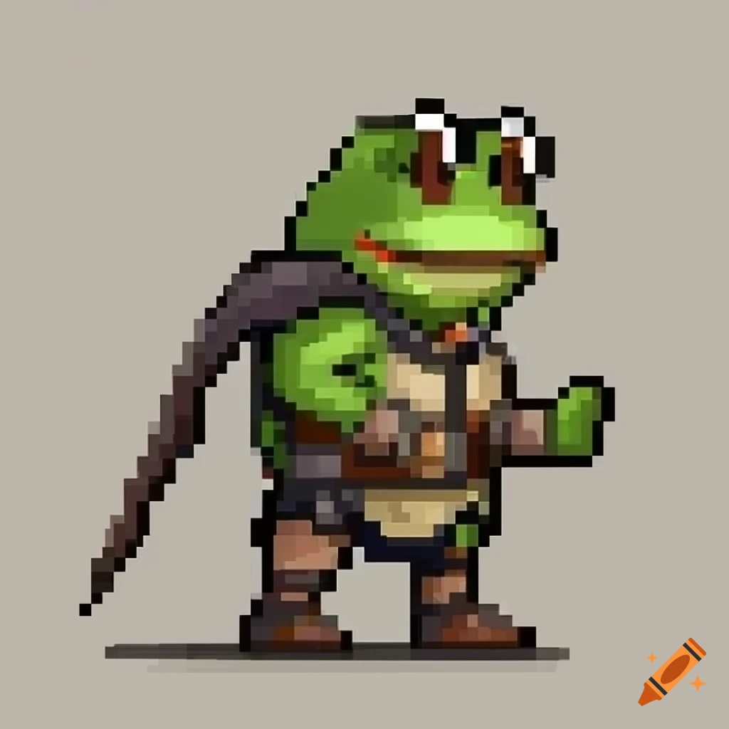 A pixel concept art of a frog wearing a rpg rogue costume on Craiyon