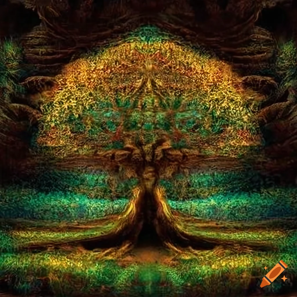Two majestic trees intertwined, their branches and roots forming a ...