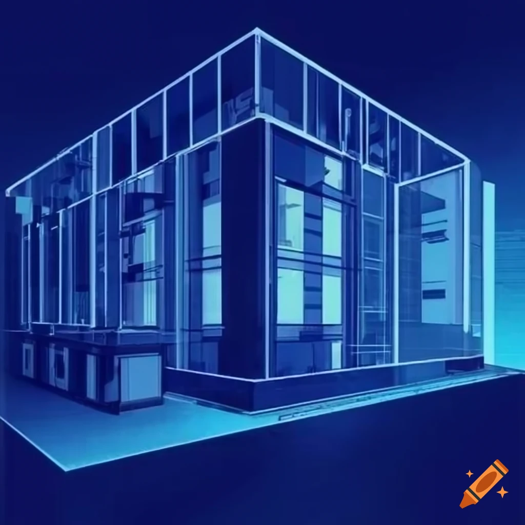 Blueprint of a glass building with open spaces and sleek design