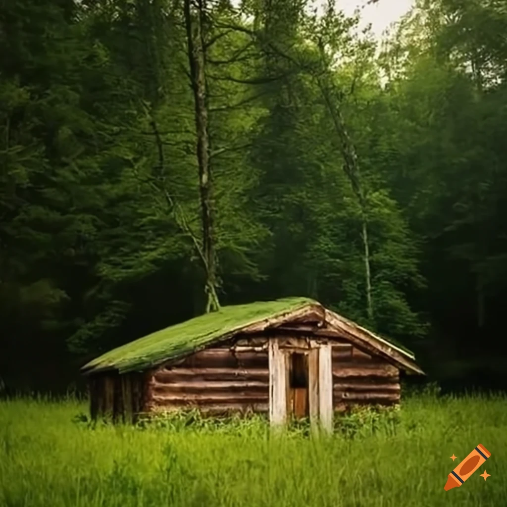 Detailed picture of a run down cabin in a green grassy meadow on Craiyon
