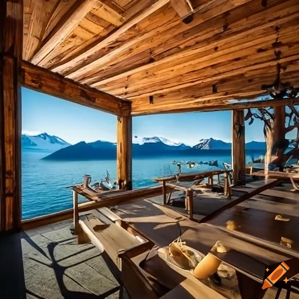 Terraza sin techo de restaurante en sur patagónico construida con ...