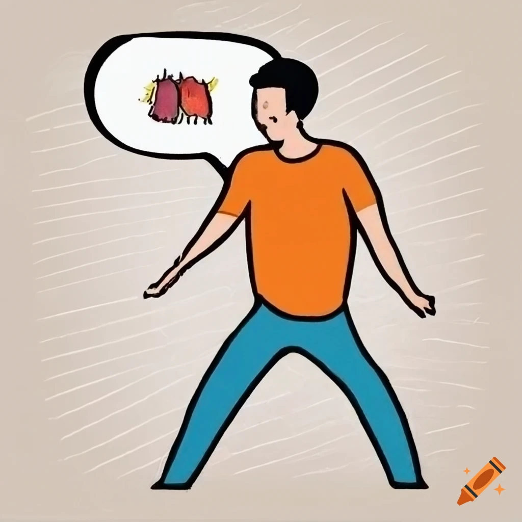 Man inside speech bubble, text, in style of art brut