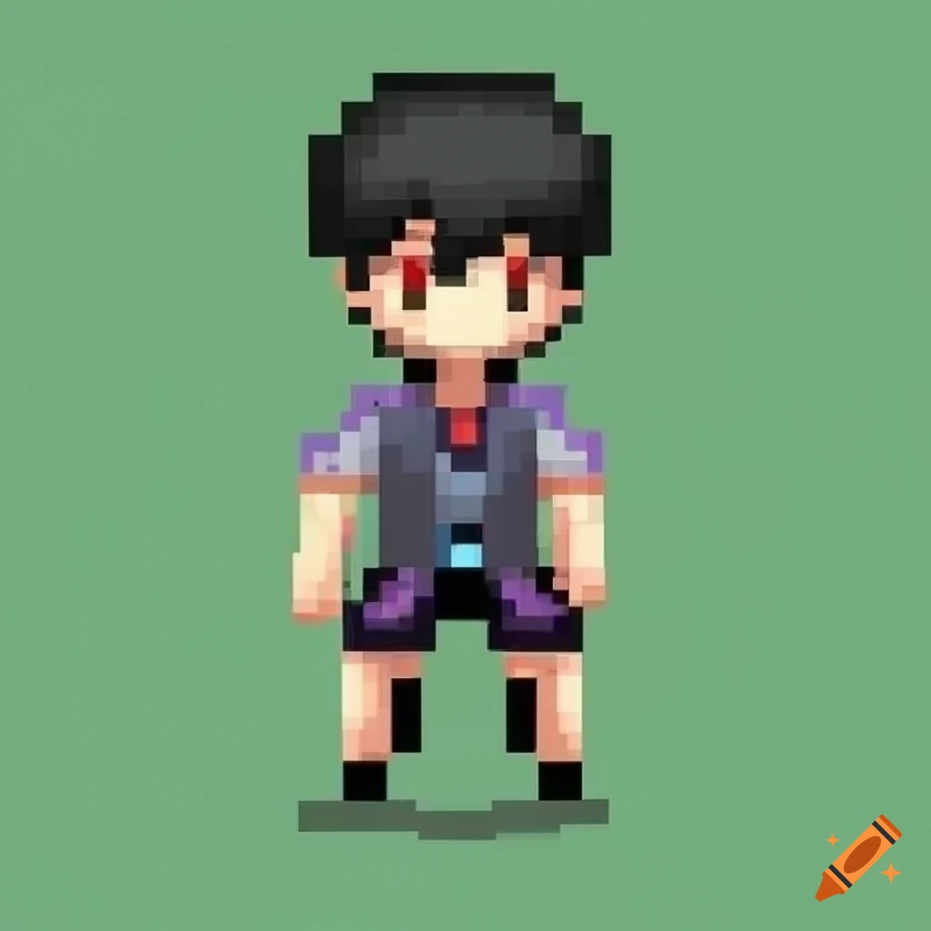 A pixelized 2d boy character with black hair