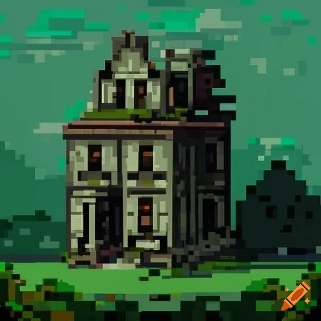 Dilapidated building with a bit of nature in pixel art on Craiyon