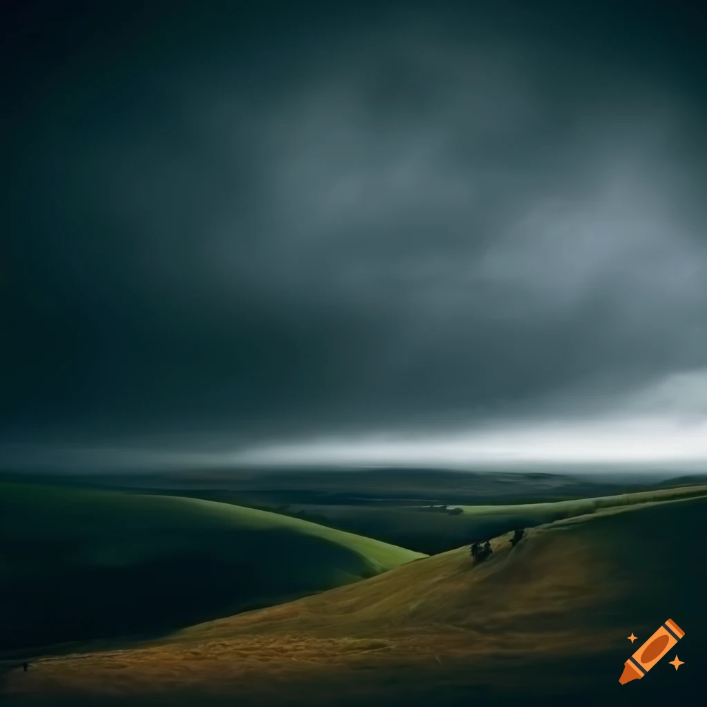 Dark natural colours landscape of distant fields slightly hilly terrain winding wild paths ...