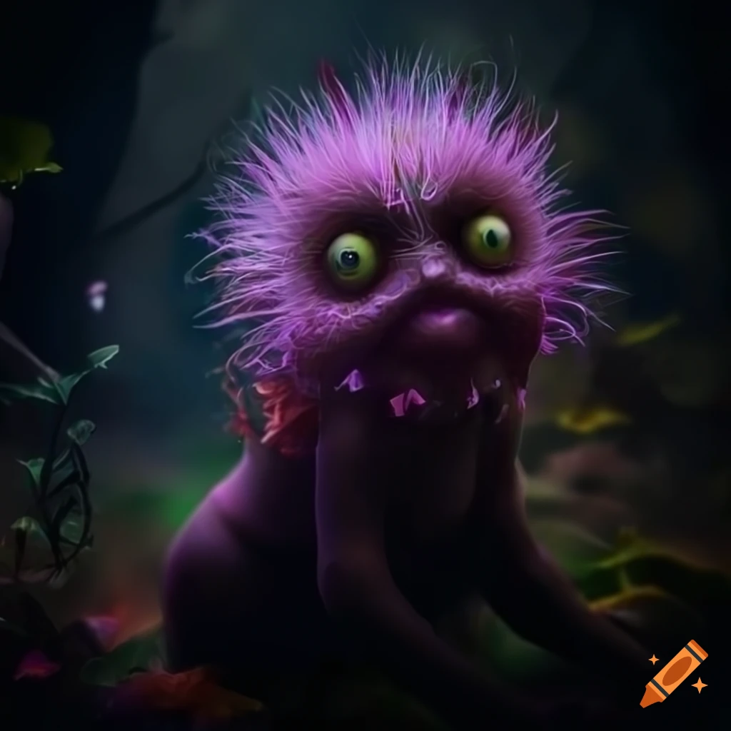 Cute monster,petals,flowers,face,jungle,dark,lights,fantasy art