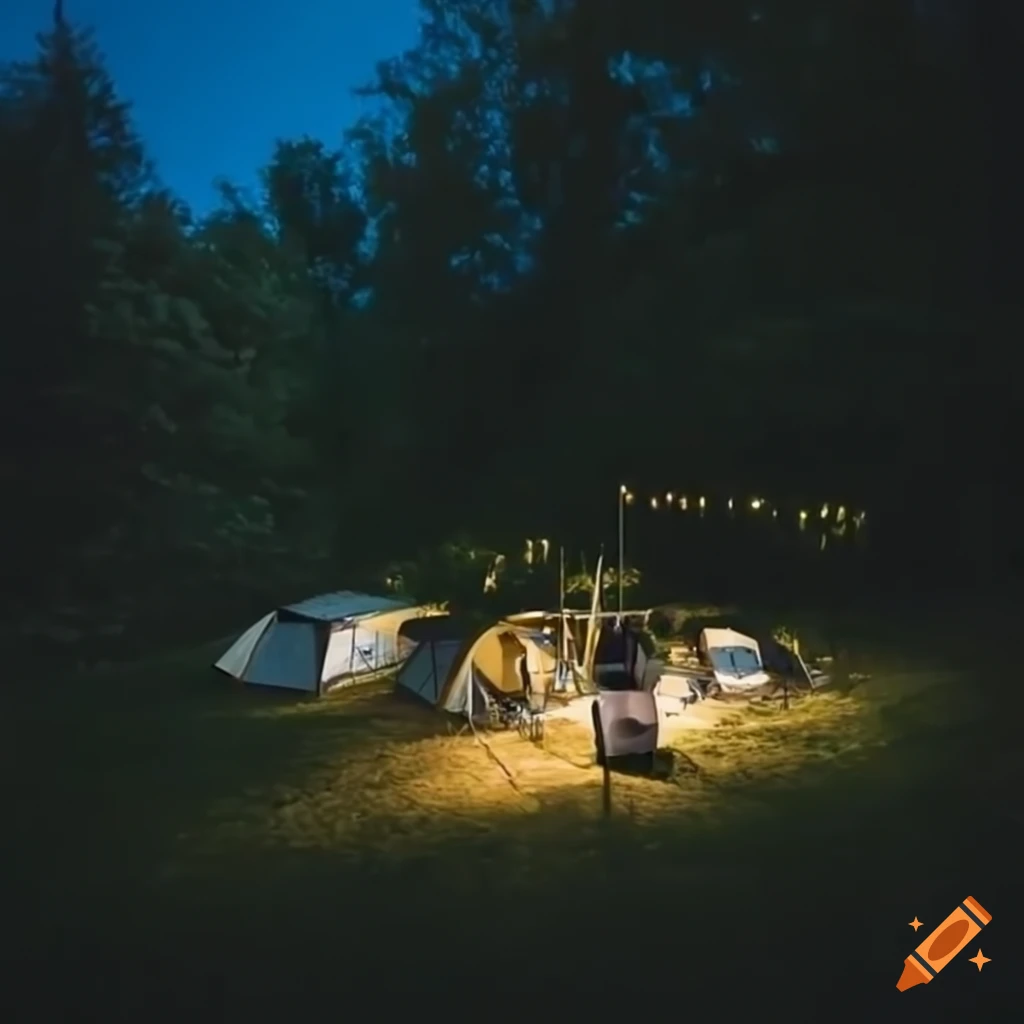A bird's eye view of campsite with tent and caravan on Craiyon