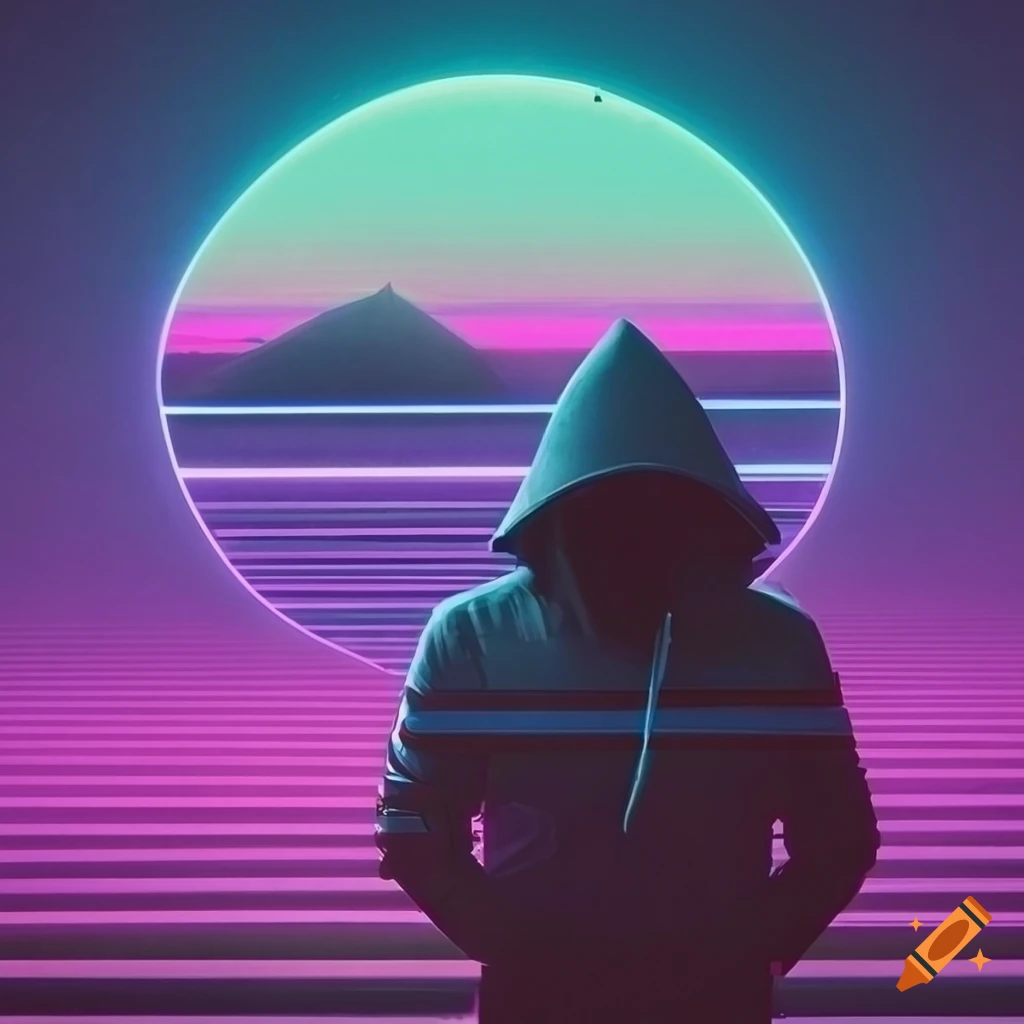 A synthwave illustration with a pool, a delorean car, and a lonely ...