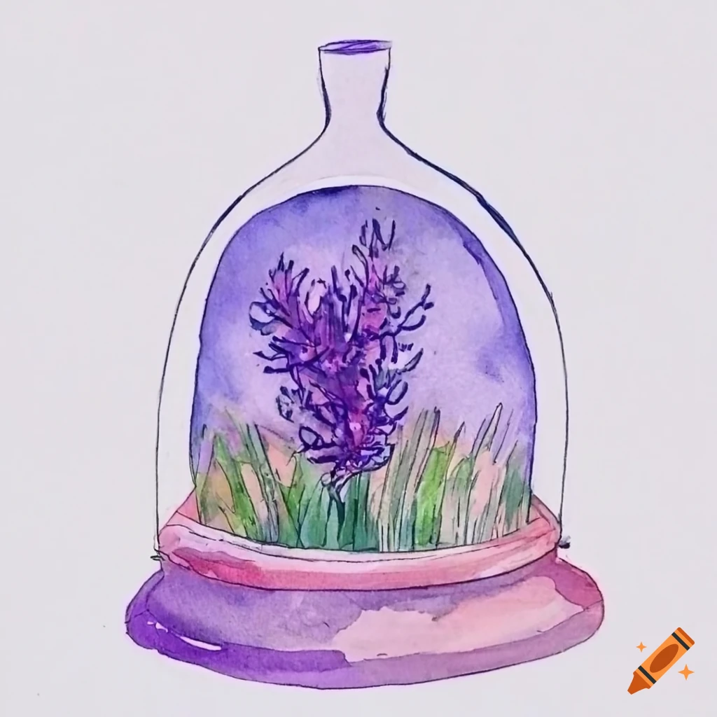 A lavender flower inside a dome made of glass standing on a white space ...