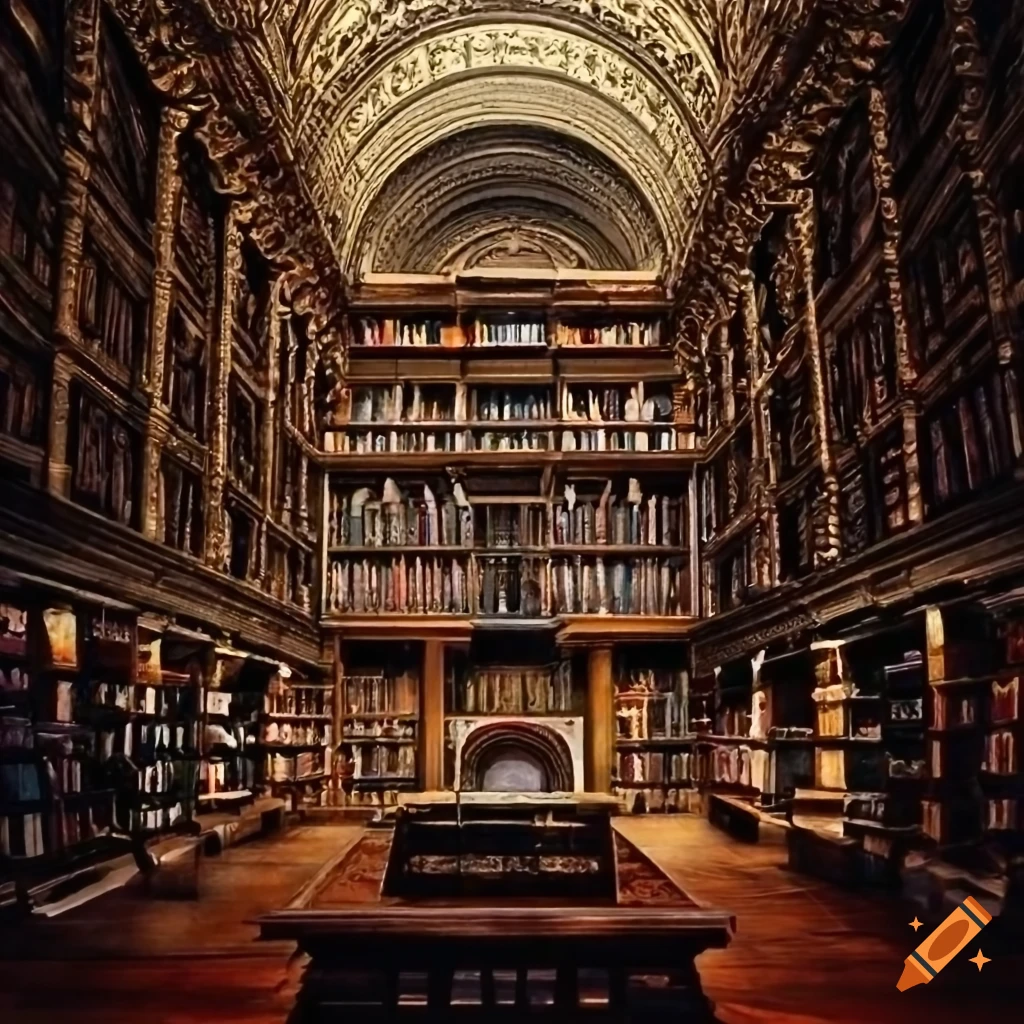 An evocative illustration of a grand library, with towering shelves of books and soft lighting ...