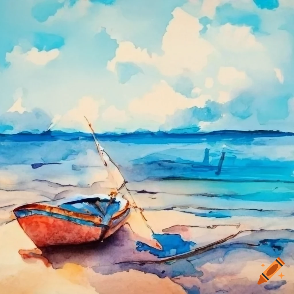 Watercolour beach with the sea in the background and a little boat on ...