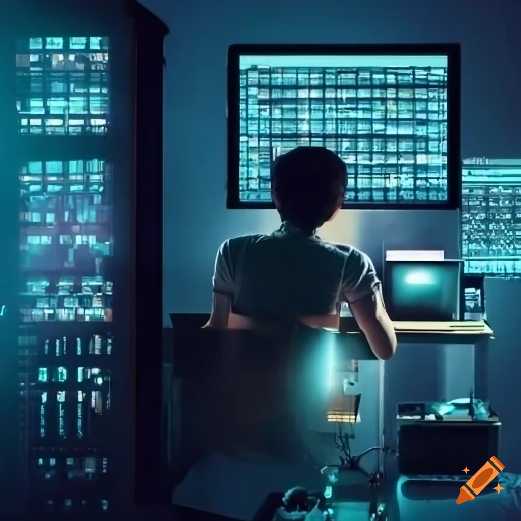 View from behind of a data scientist at work using a computer in a ...