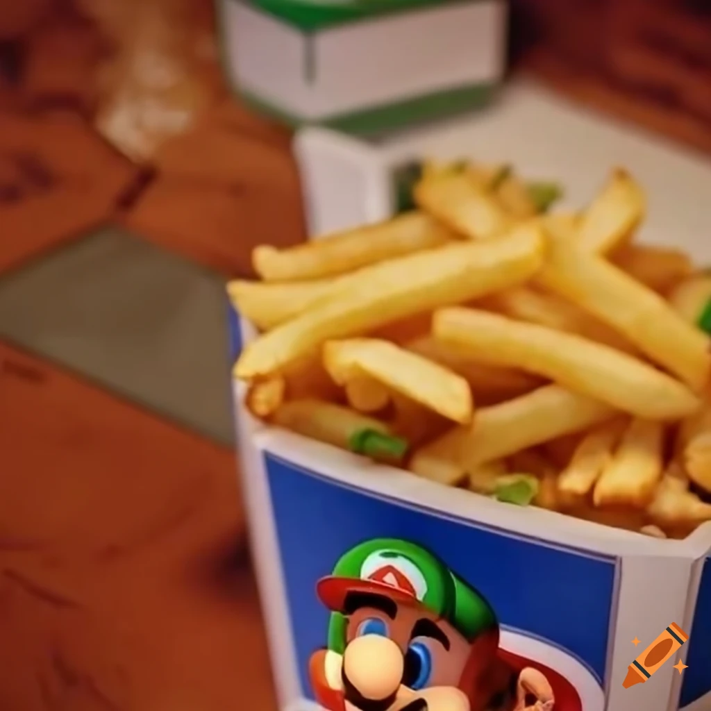 Fries in luigi(from mario) themed box on Craiyon