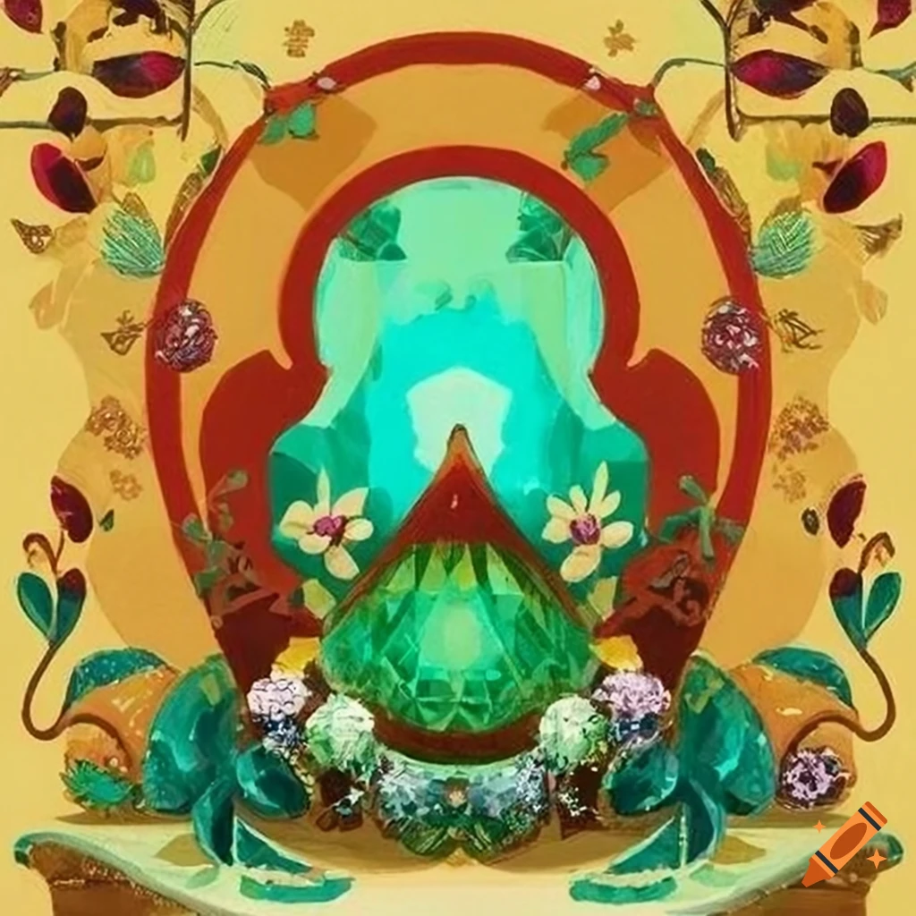 Decor emerald artifact, cloth, gemstone, tribal, against the backround of a colored wallpaper ...