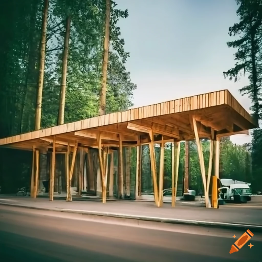 Modern timber bus station in a forest