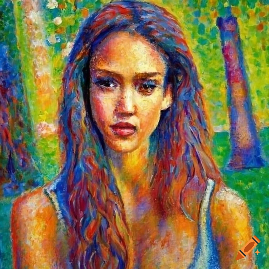 Portrait of jessica alba in central park in the style of georges seurat ...