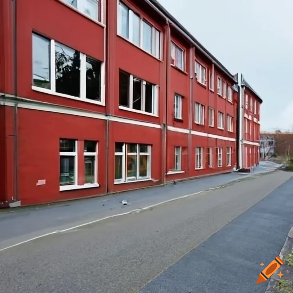 Grey and brown with a small bit of red two storey school buildings with ...