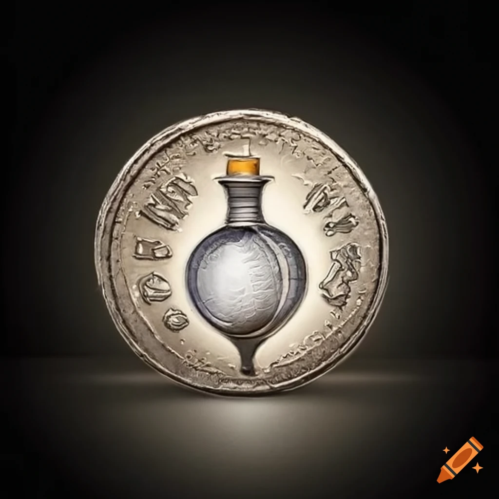 A silver coin with a potion symbol on it on Craiyon