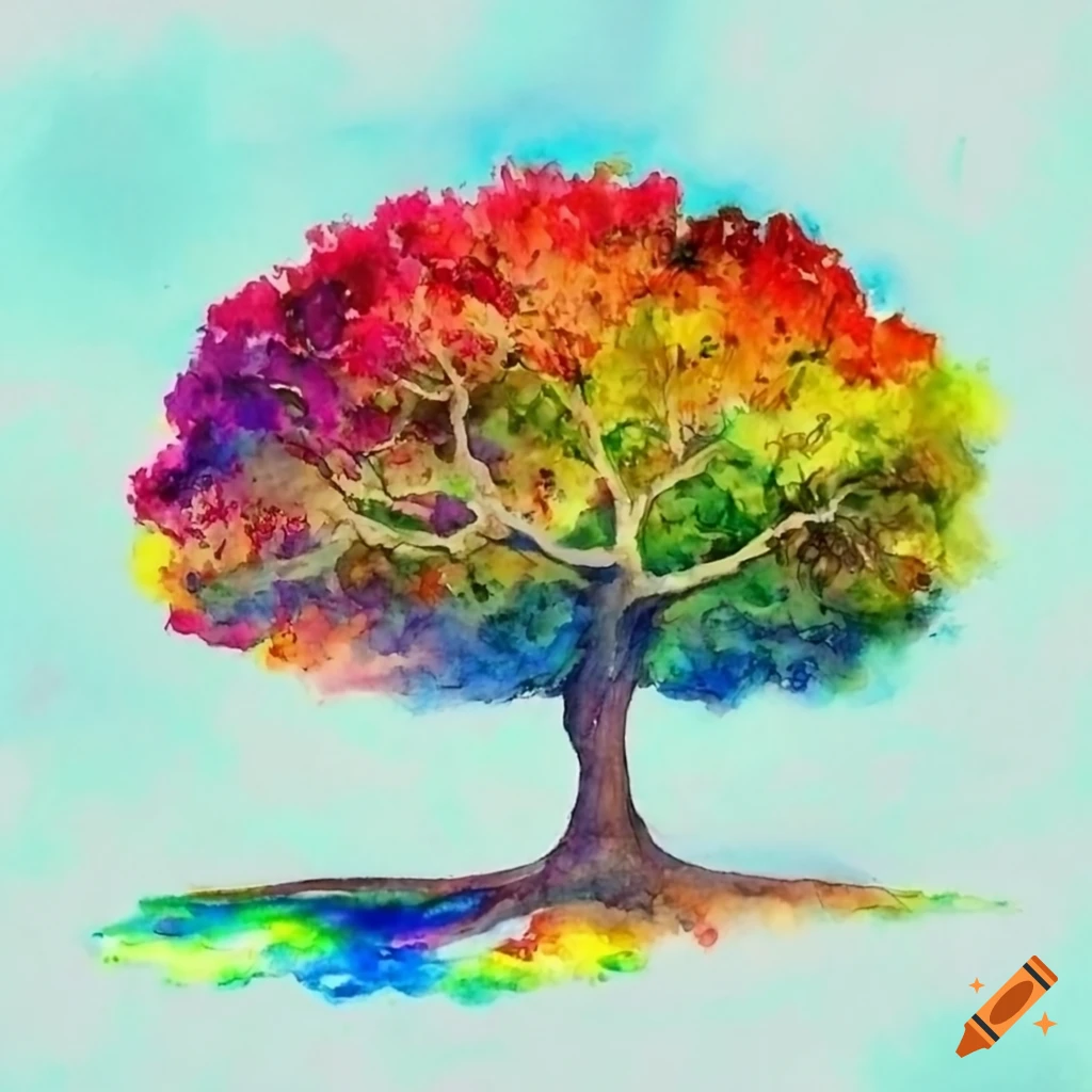 Painting of an ohia tree with vibrant rainbow watercolors