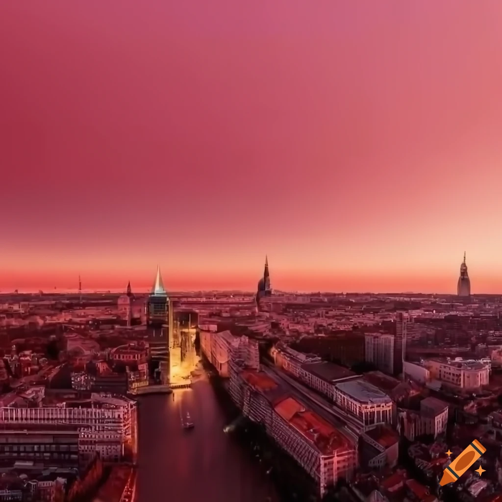 Beautiful aerial view of Berlin, Germany, with sky in reddish tones ...