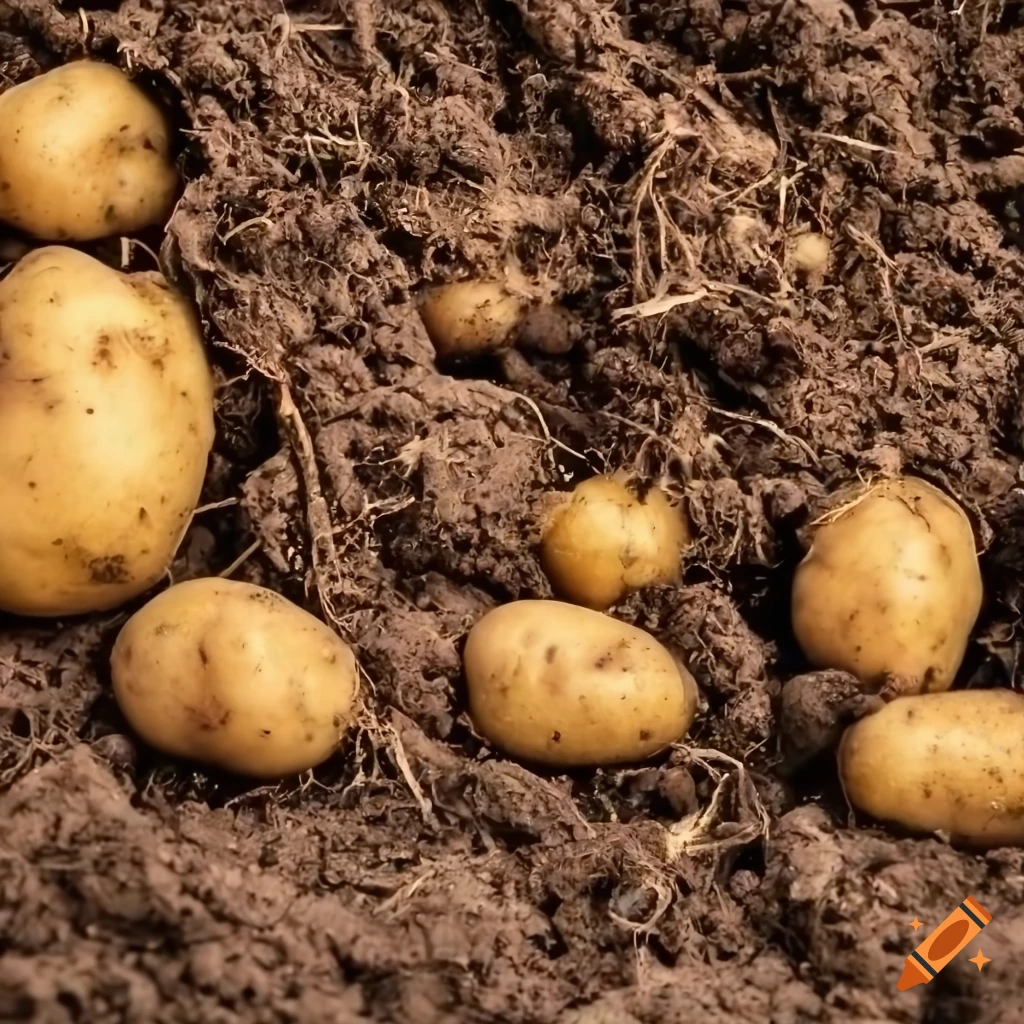 Photo of potatoes and tubers with roots growing in the ground as cross ...