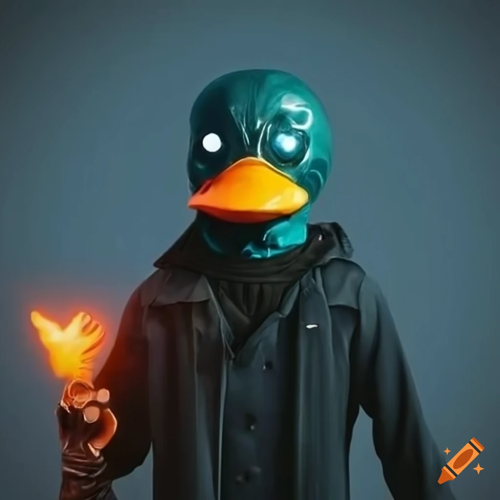 Man wearing cyan duck mask and yellow peak, full body, standing beside ...