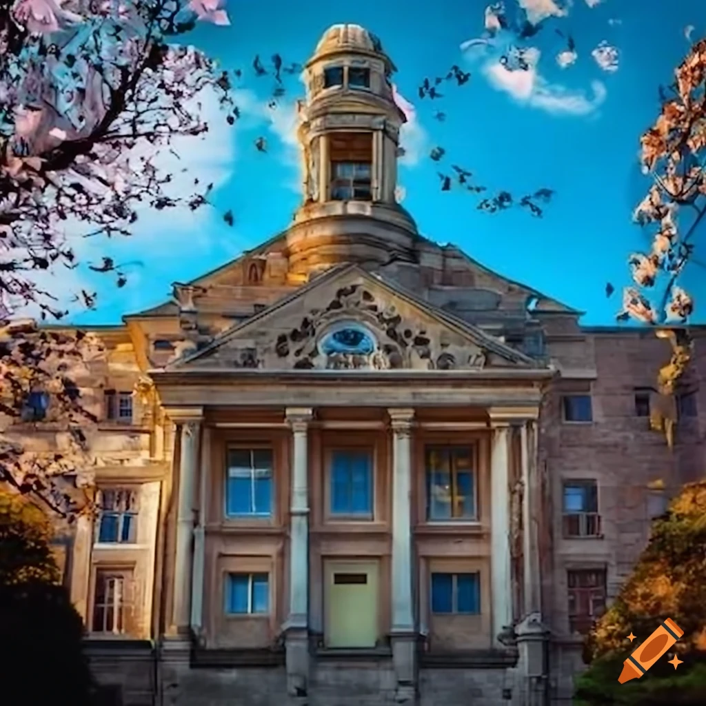Front view, 5 story university building built in the 1880’s. 4 columns ...