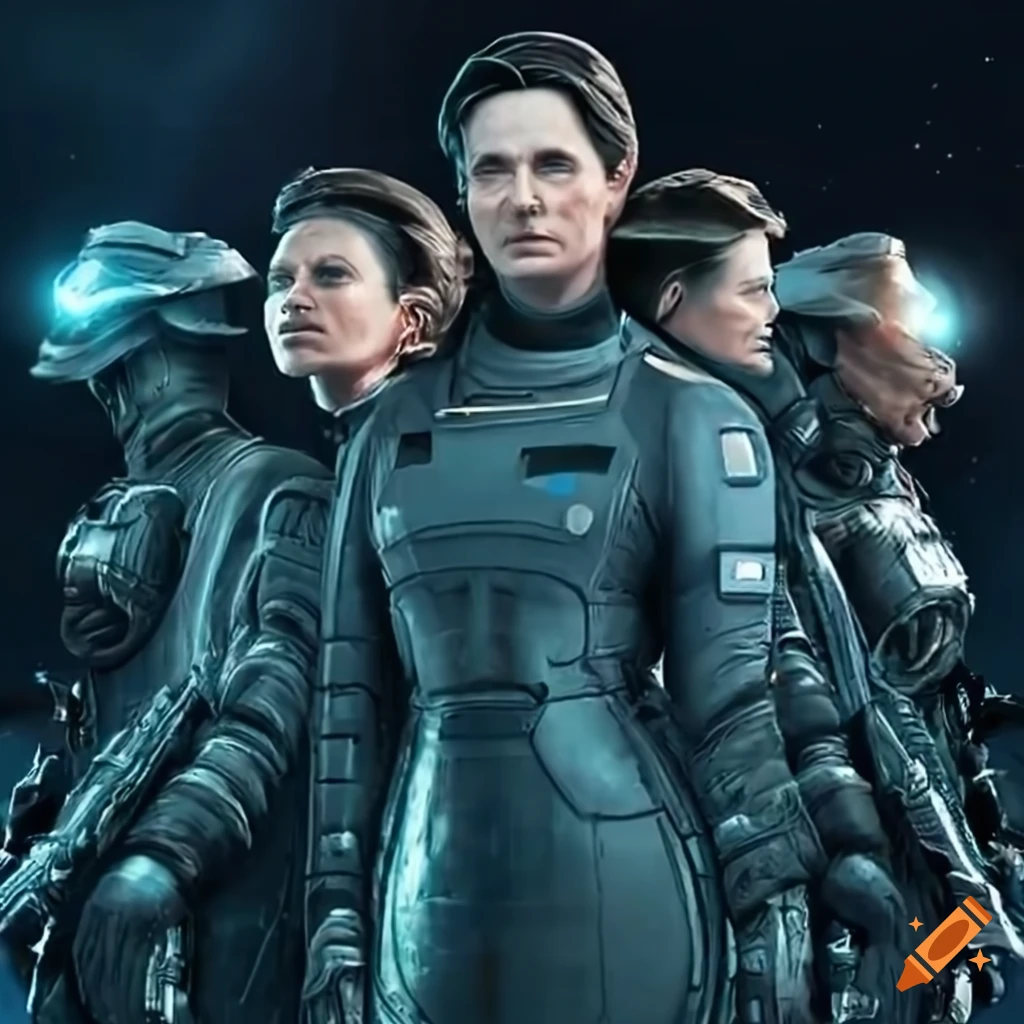 A starship captain and his crew on their flagship, consisting of both ...