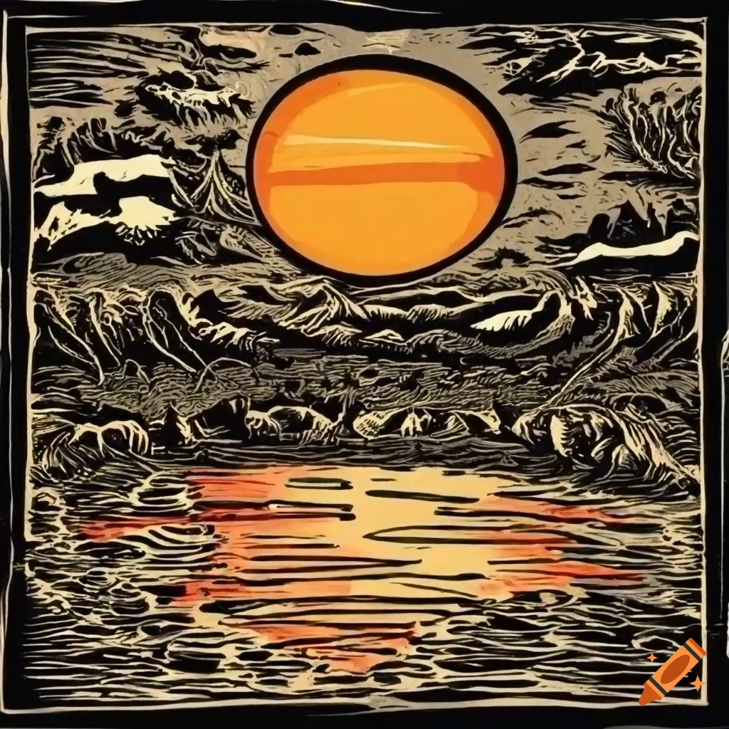 A detailed woodcut of an idyllic pond at sunset with abundant flora and ...